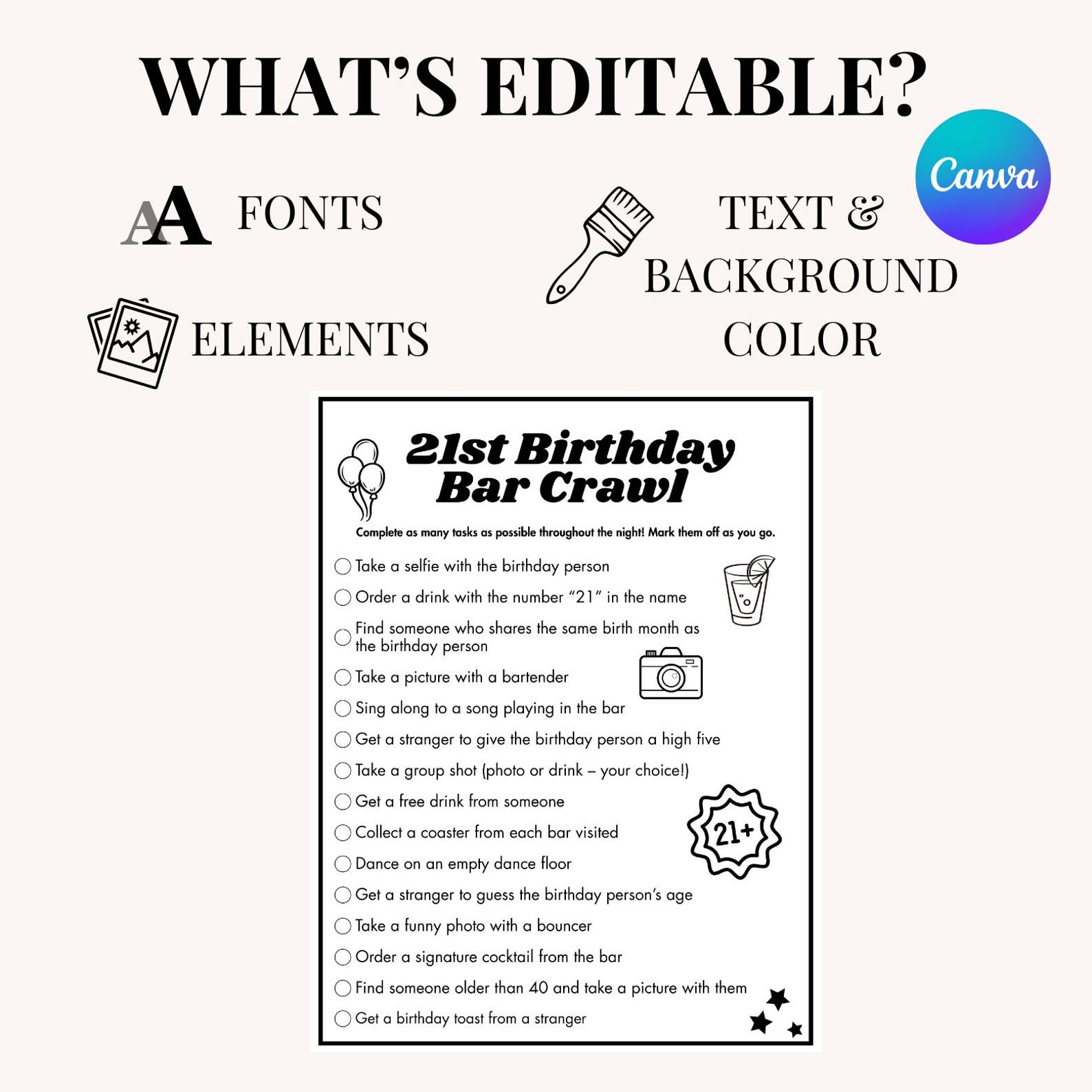21st Birthday Bar Birthday Scavenger Hunt Editable Bday Bar Crawl Game ...