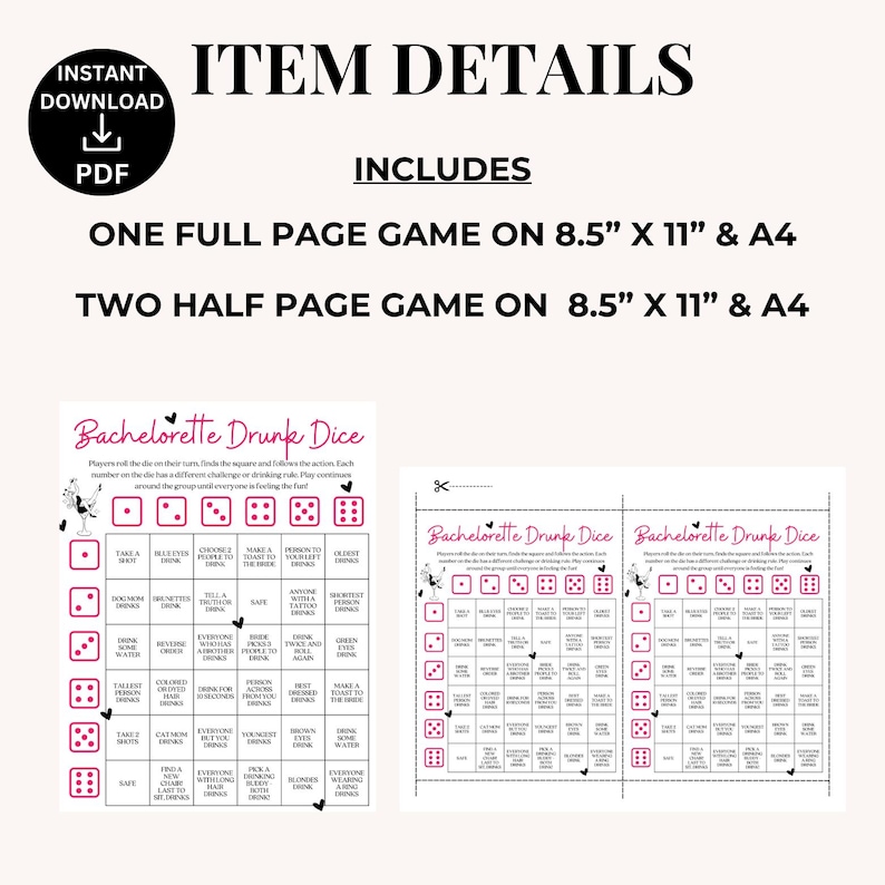 Bachelorette Party Drunk Dice Game Printable Drinking Game for Bride ...