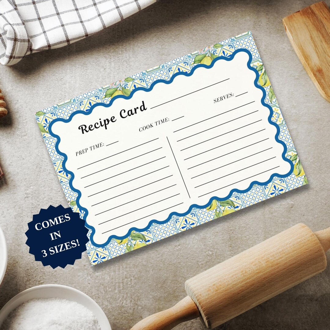 Printable Recipe Card, Lemons and Blue Tile Recipe Card for Baking ...