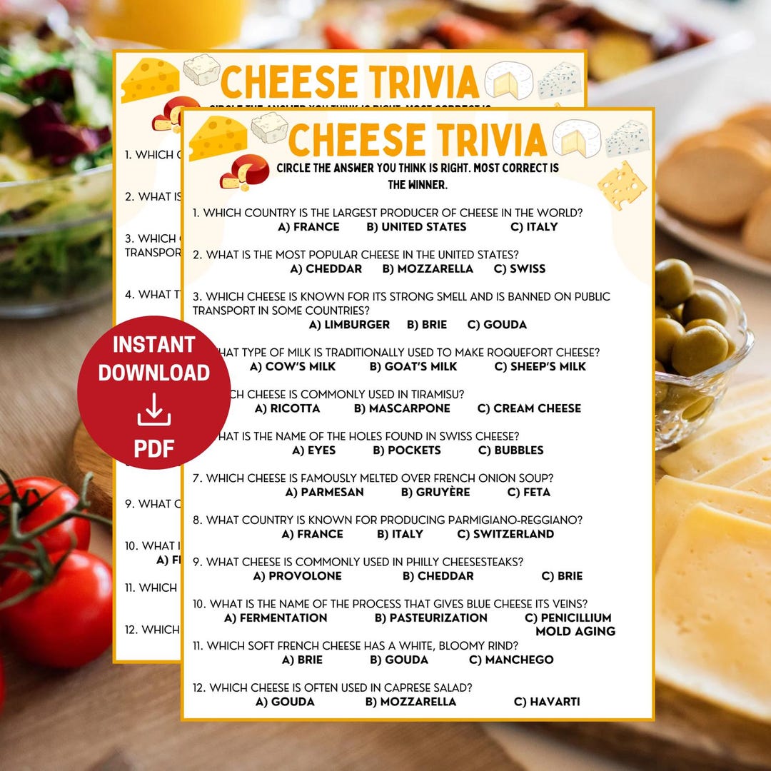 Cheese Trivia Game, Ultimate Cheese Quiz, Printable Wine Cheese Party ...