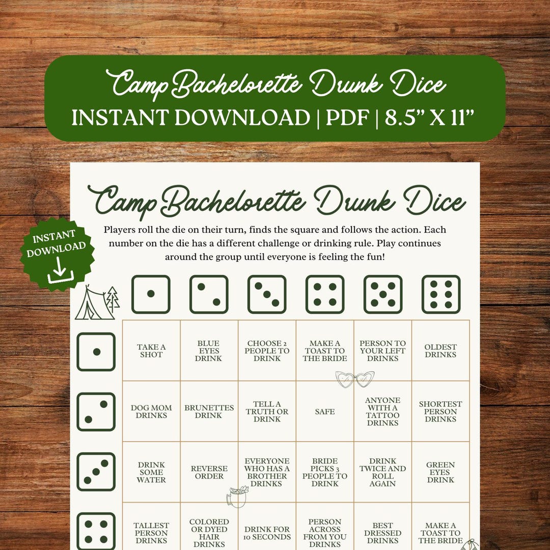 Camp Bachelorette Drunk Dice Game, Drinking Camping Bachelorette Party ...
