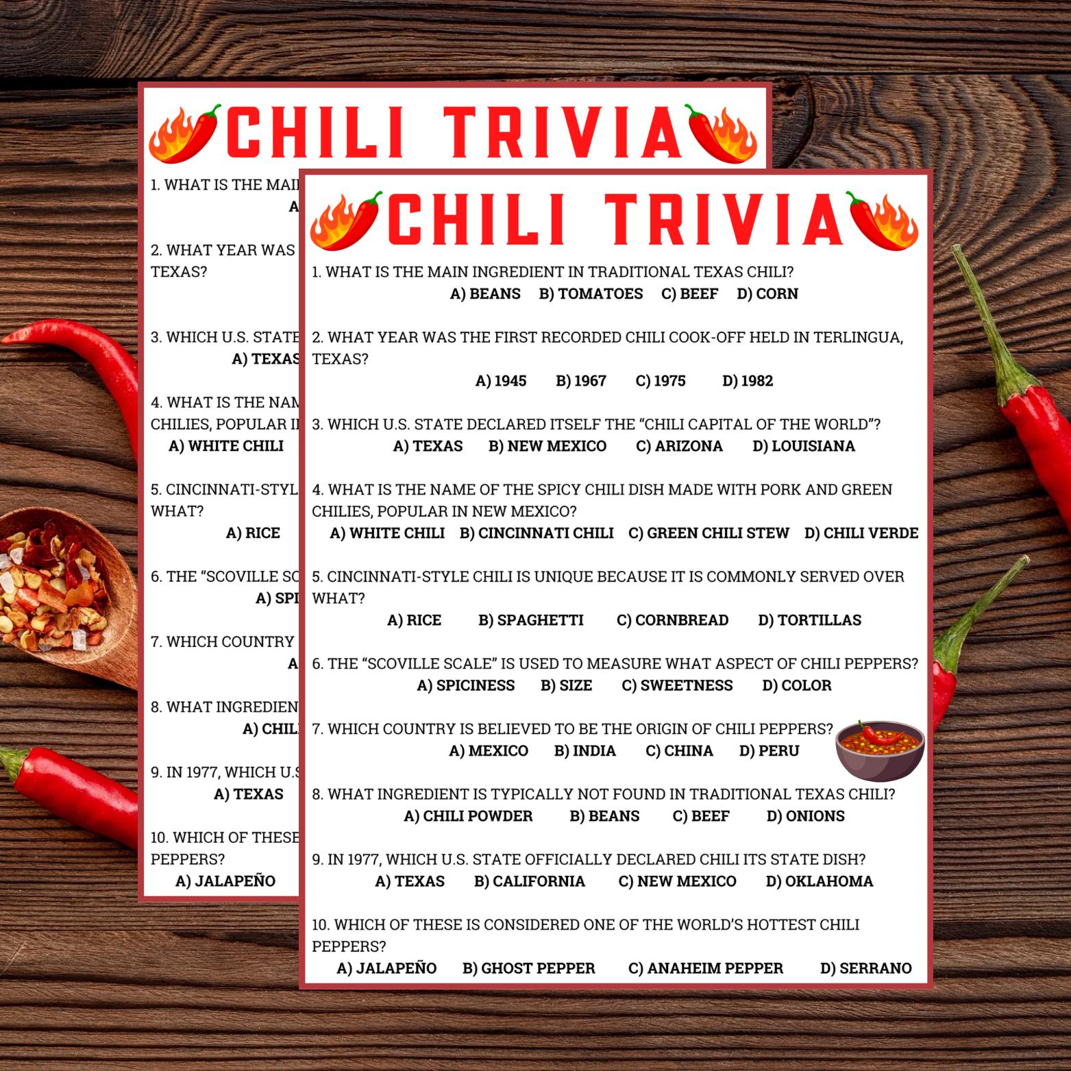 Chili Trivia Game, Chili Competition Contest, Printable Chili Cookoff ...