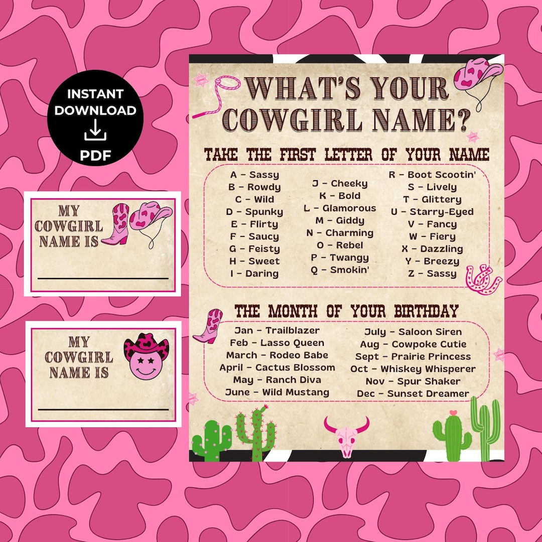 Whats Your Cowgirl Name Cowgirl Themed Birthday Party Game, Wild West ...