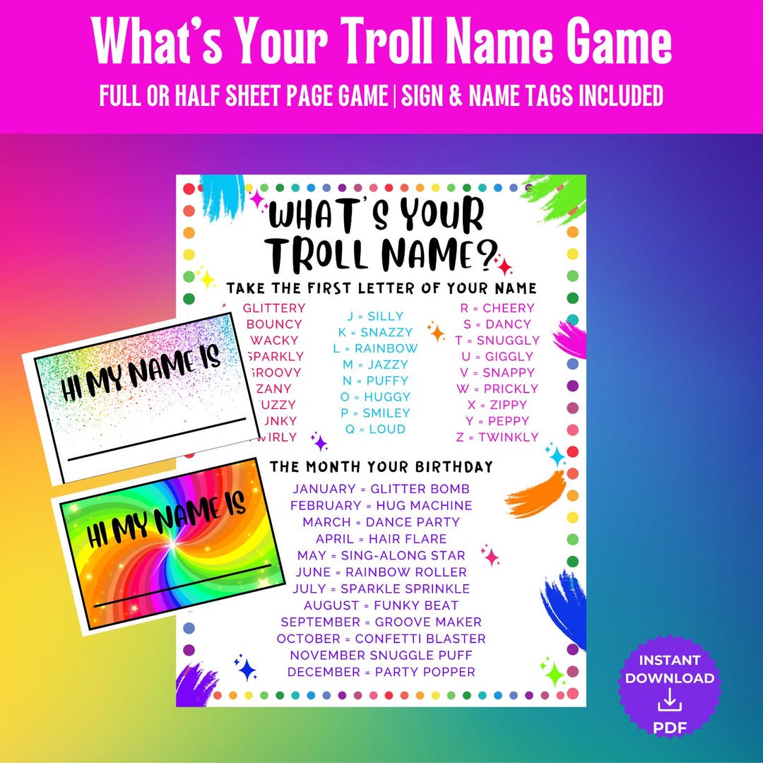 What’s Your Troll Name Game, Troll Printable Game, Troll Party Decor ...