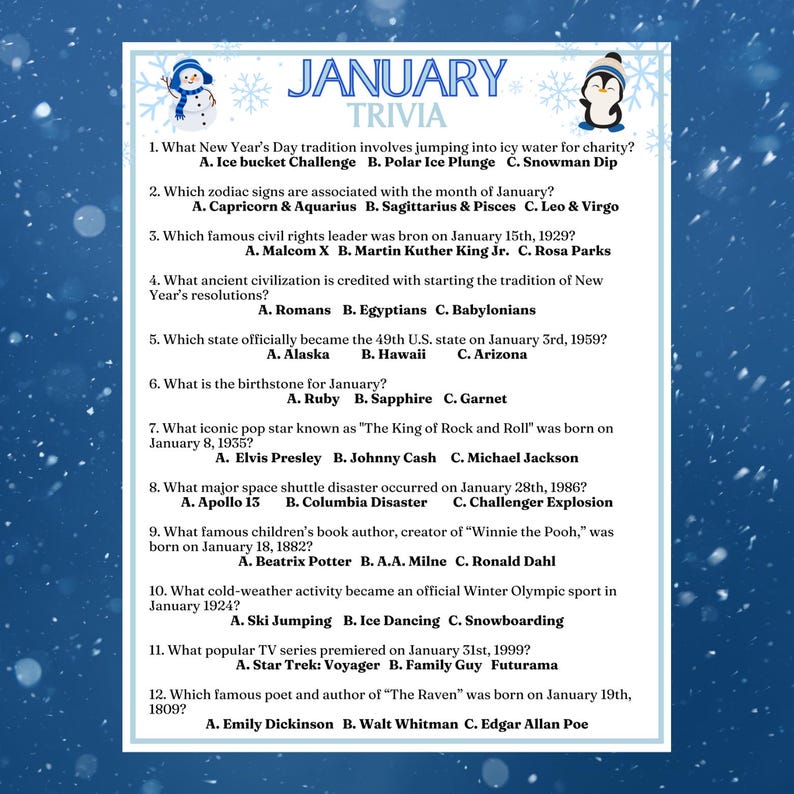 January Trivia Game, Holiday Party Game, Adult Trivia Night, Winter ...
