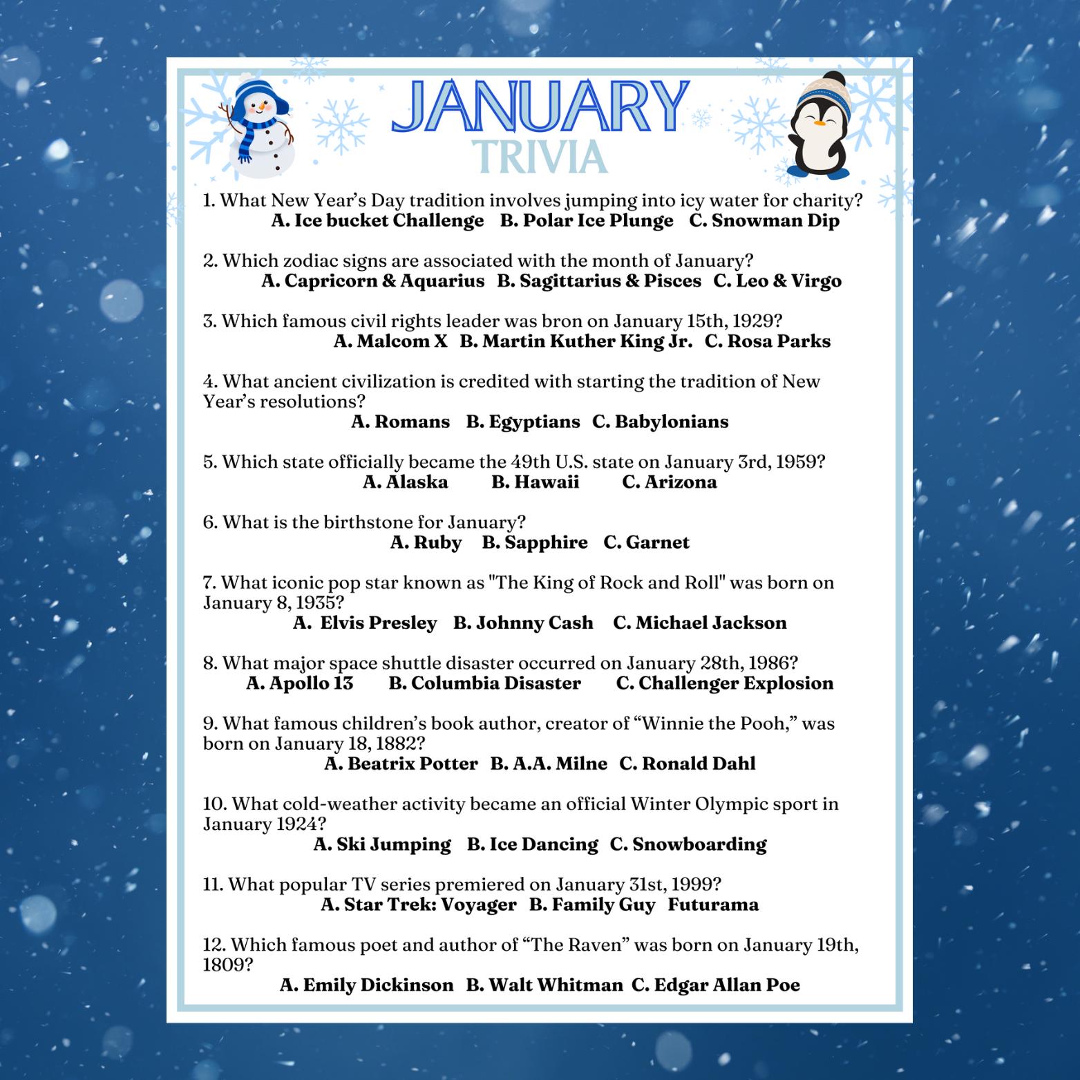 January Trivia Game, Holiday Party Game, Adult Trivia Night, Winter ...