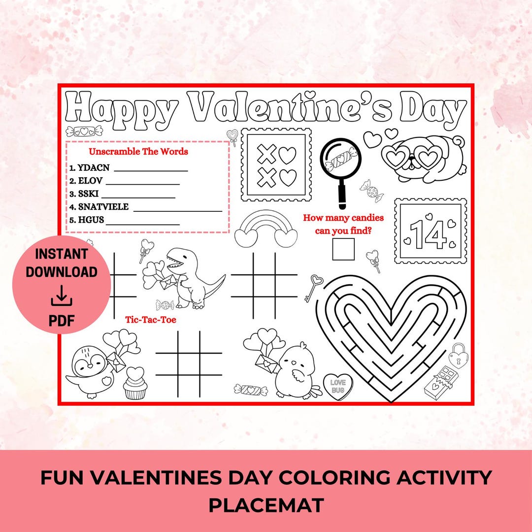 Kids Valentines Day Activity Coloring Placemat, Printable Valentines ...