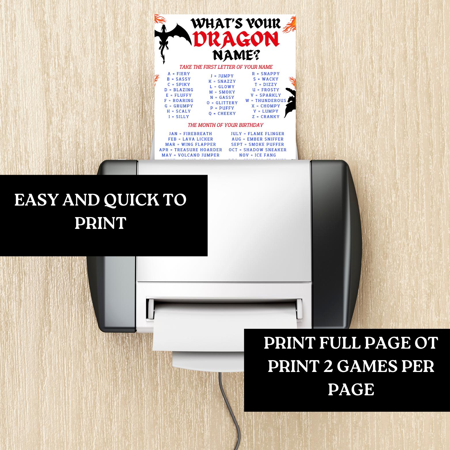 What’s Your Dragon Name Game, Dragon Printable Party Games, Kids Dragon ...