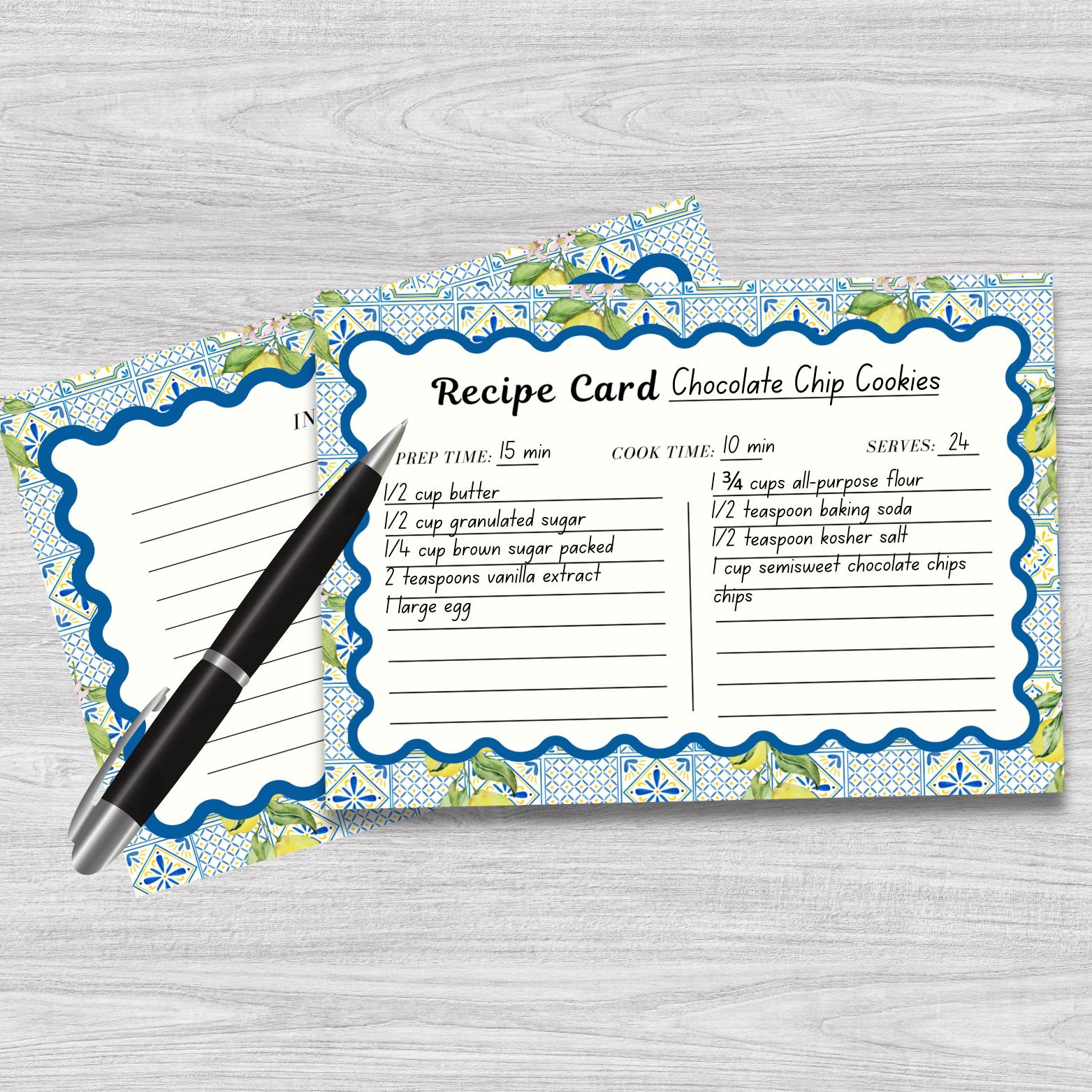 Printable Recipe Card, Lemons and Blue Tile Recipe Card for Baking ...