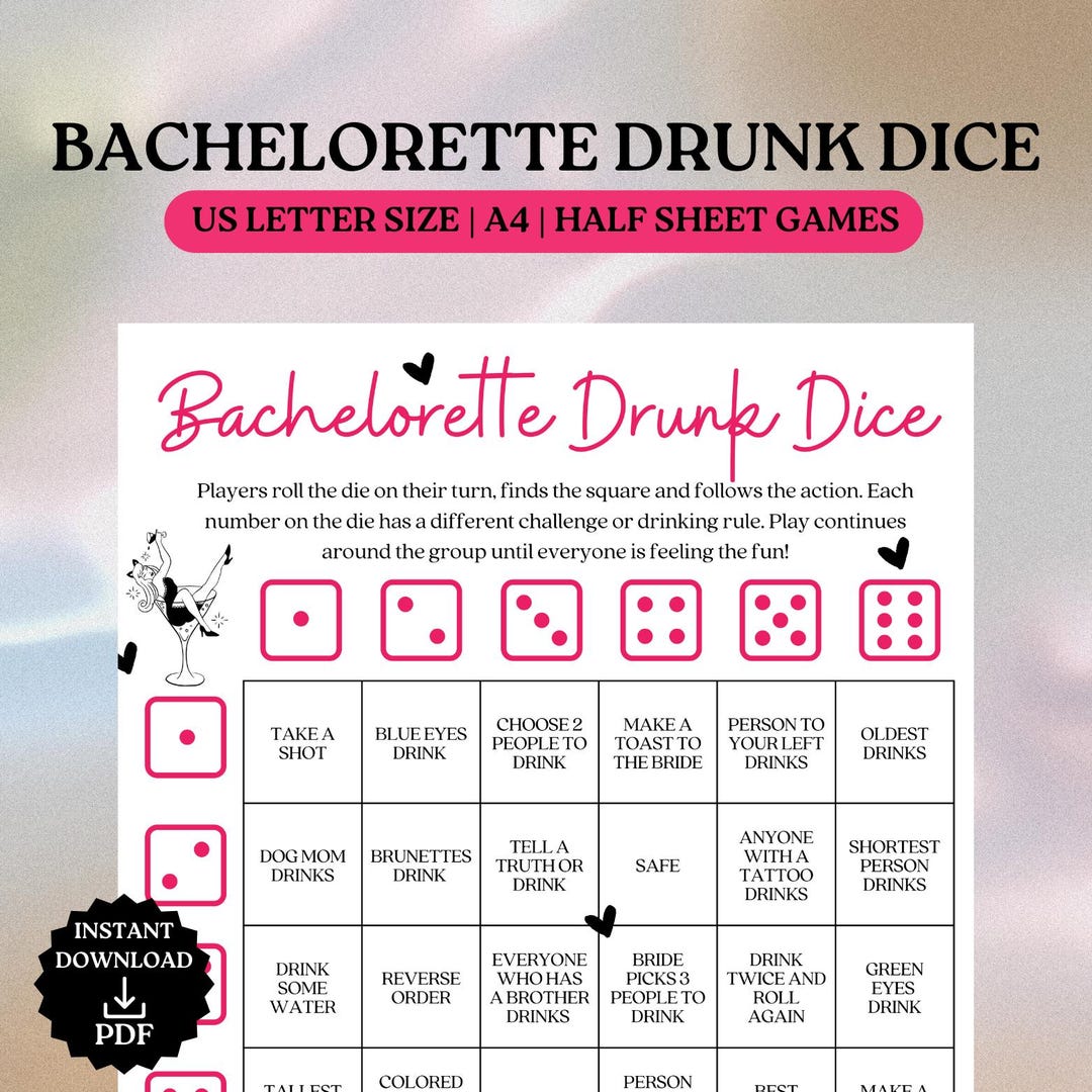 Bachelorette Party Drunk Dice Game Printable Drinking Game for Bride ...