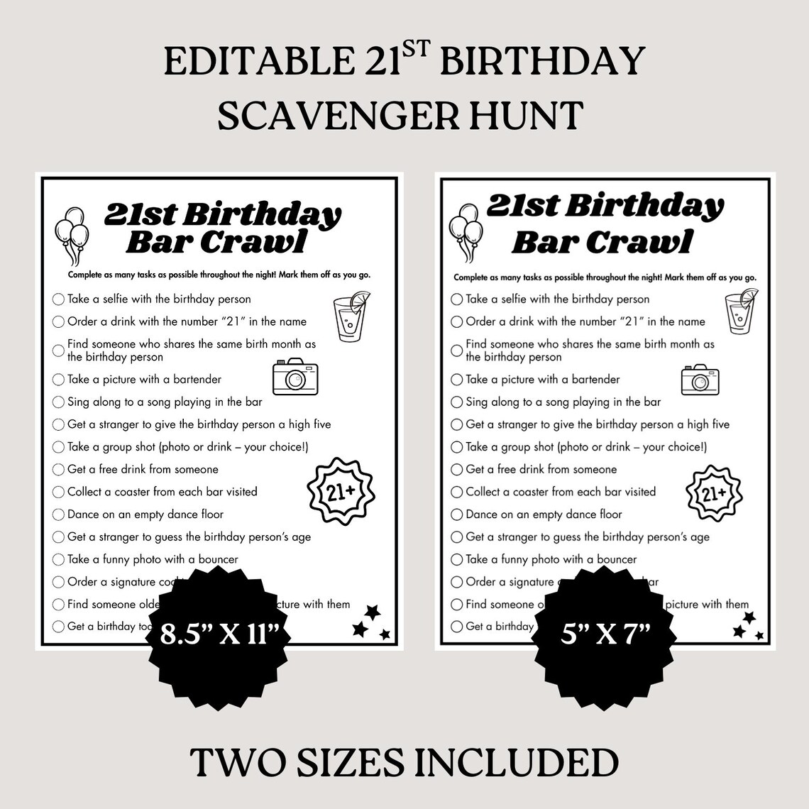 21st Birthday Bar Birthday Scavenger Hunt Editable Bday Bar Crawl Game ...