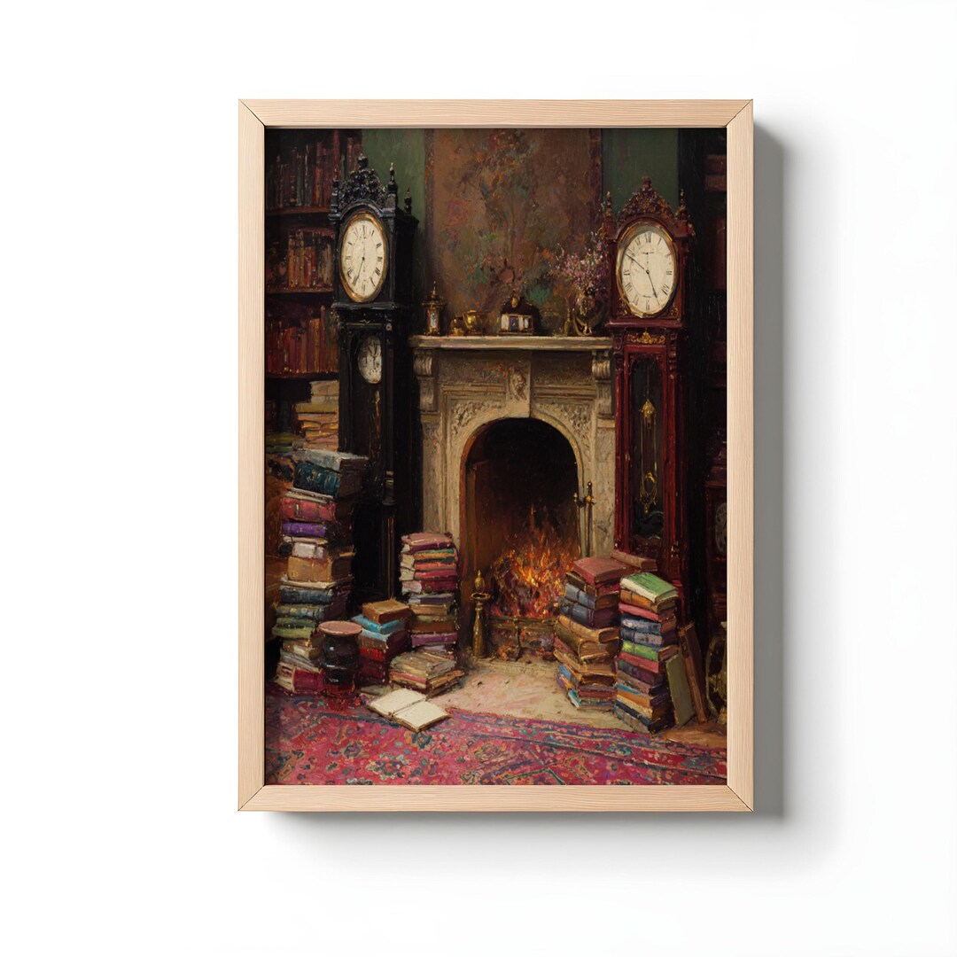 Vintage Library Fireplace Oil Painting Print, Cozy Dark Academia Wall ...