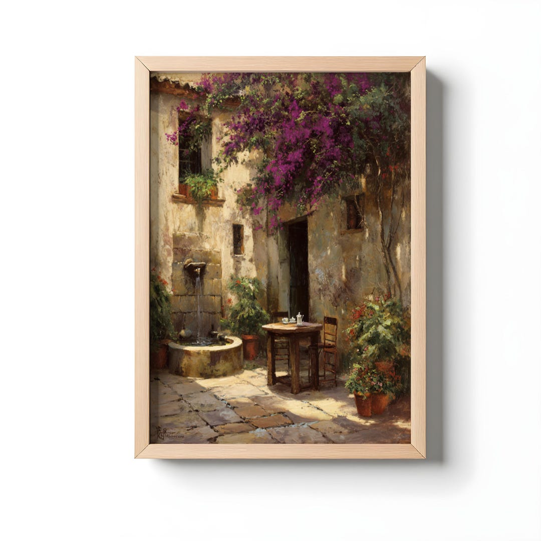 Mediterranean Courtyard Oil Painting Print, Bougainvillea & Stone ...