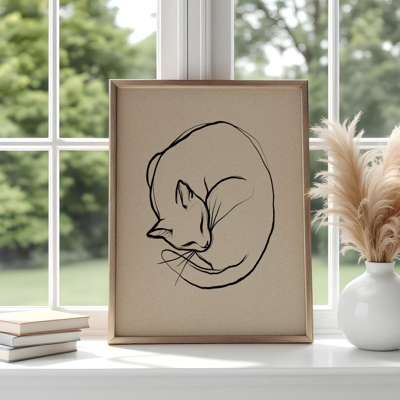Sleeping Cat Wall Print, Minimalist Cat Line Art Poster for Cat Lovers ...