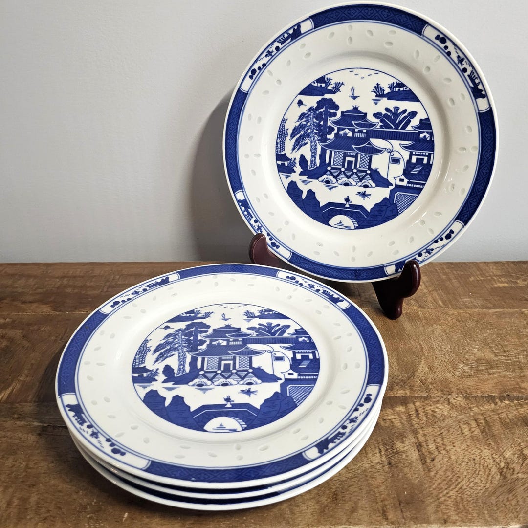 Chinese Rice Porcelain Set of 4 Plates Blue Willow Style Pattern - Etsy