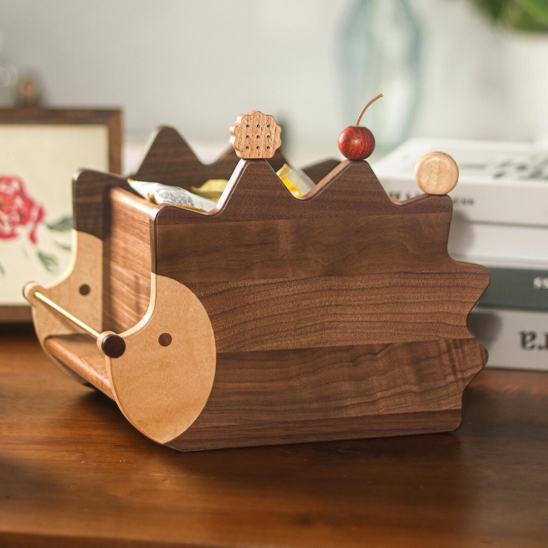 Hedgehog Wooden Storage Box - Black Walnut Organizer, Hand Carved ...