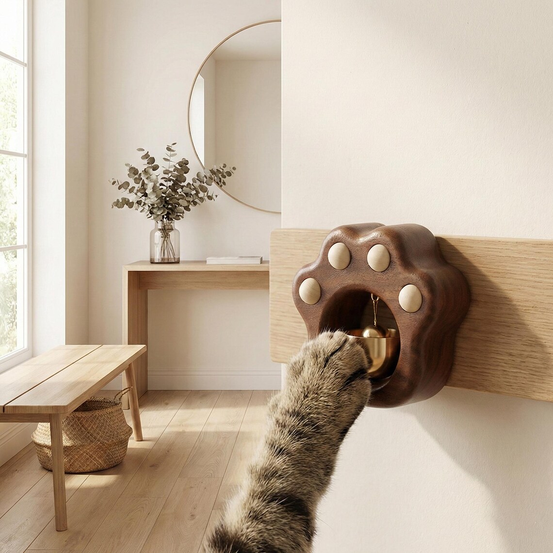 Handmade Wooden Cat Paw Doorbell - Magnetic Entry Bell for Home & Shop ...