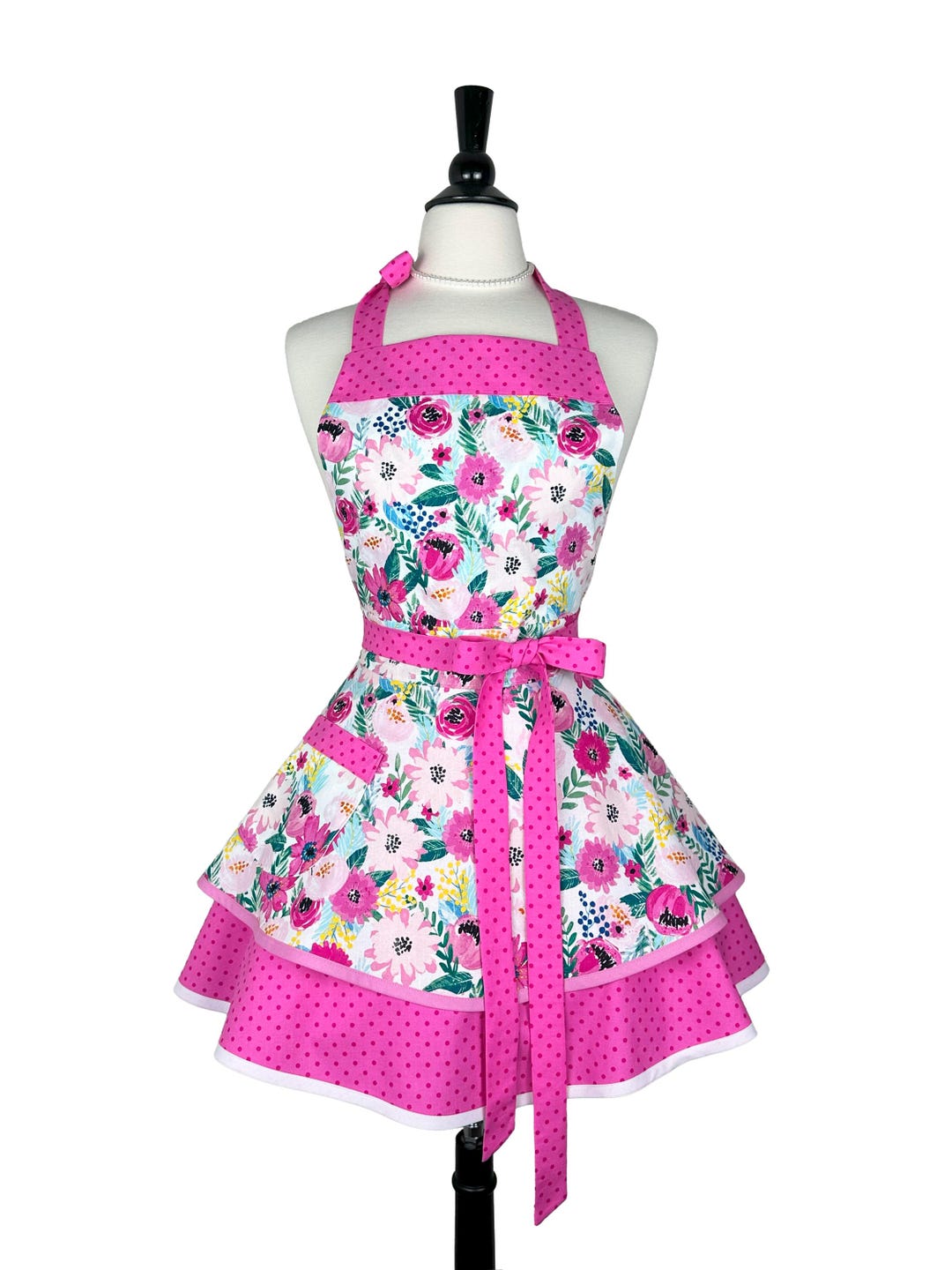 Pink Floral Coquette Apron – Retro Ruffle Kitchen Apron, Personalized ...