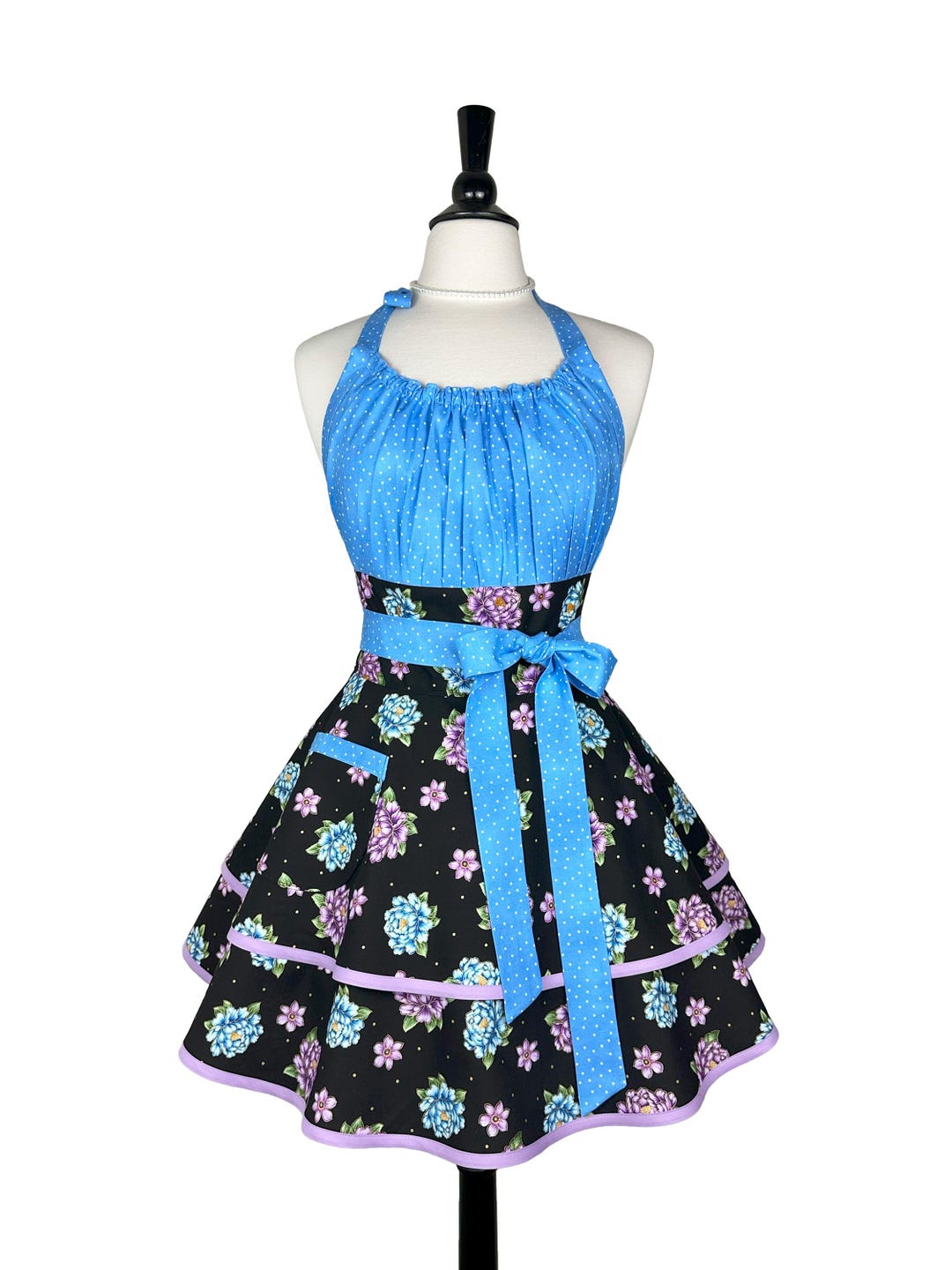 Blue Floral Retro Apron – Custom Embroidered Ruffled Kitchen Apron - Etsy