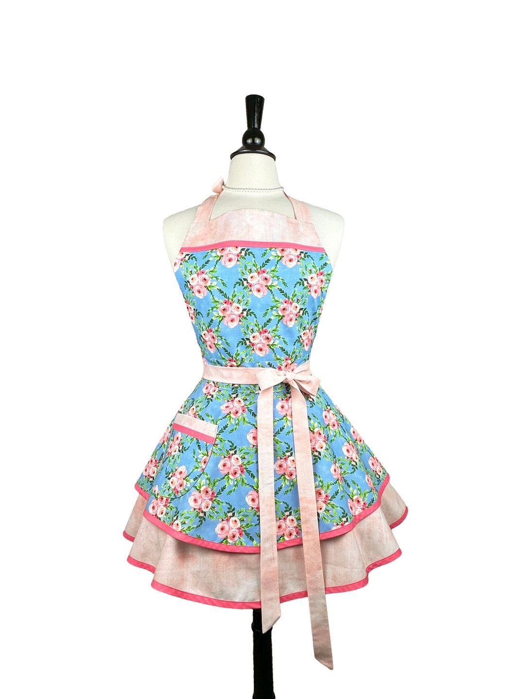 Retro Blue Floral Womens Kitchen Apron - Personalized Vintage Gift for ...