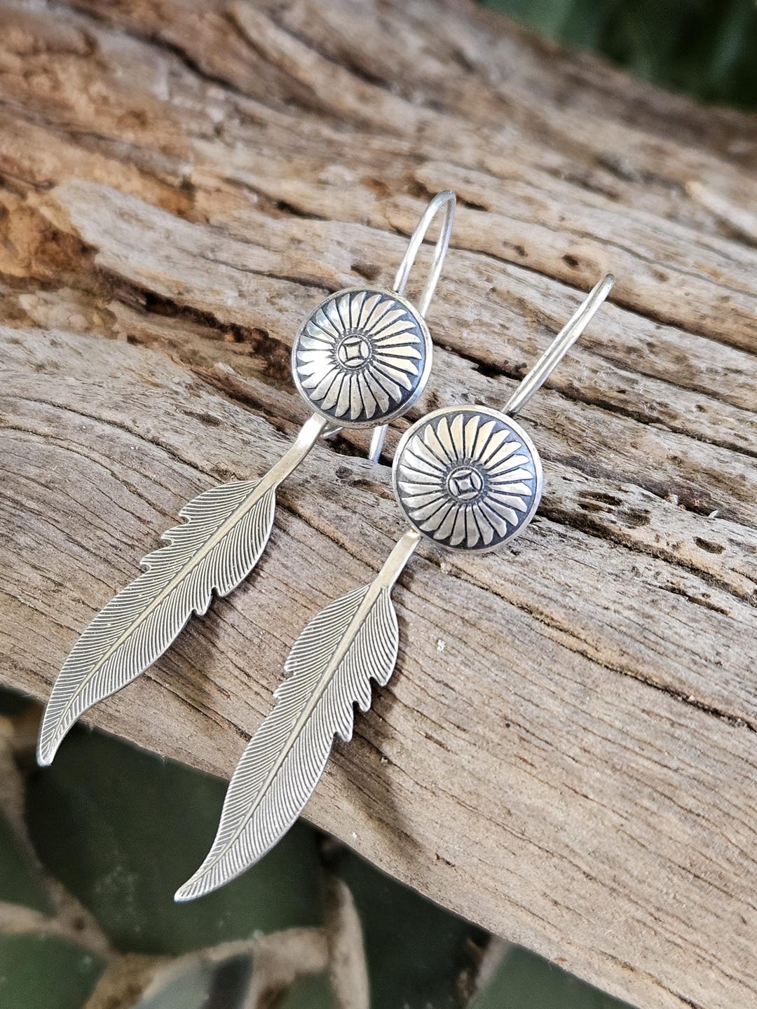 Sterling Silver Native American Concho and Feather Dangle Earrings - Etsy