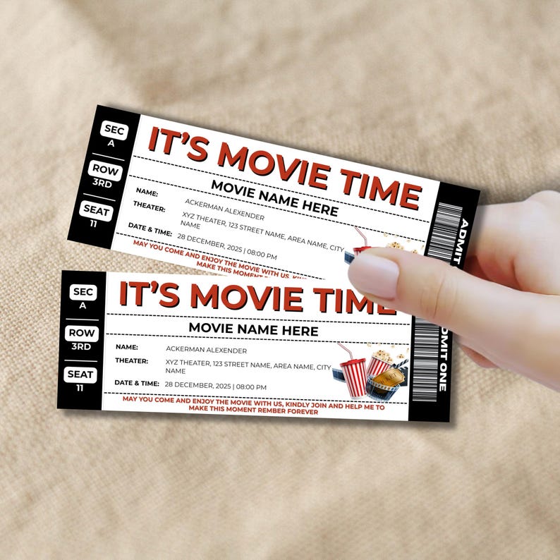 Movie Gift Ticket Template, Movie Ticket Birthday Party, Digital Cinema ...
