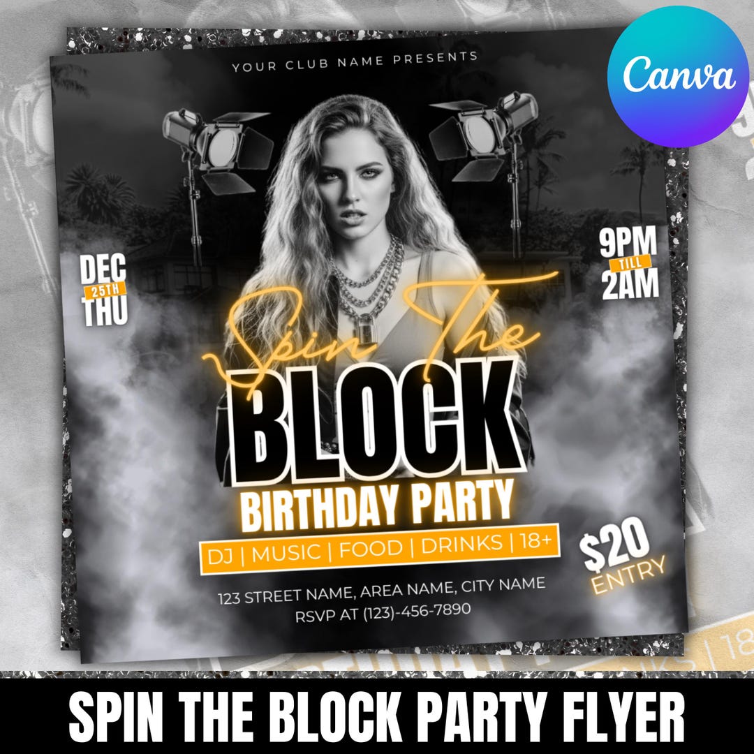 Spin the Block Party Flyer, Adult DJ Night Club Party Flyer, Mega DJ ...