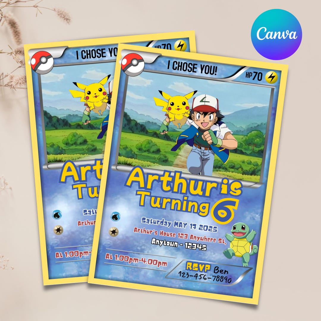 Pokemon Birthday Invitation, Pokemon Card Invitation, Pikachu Birthday ...