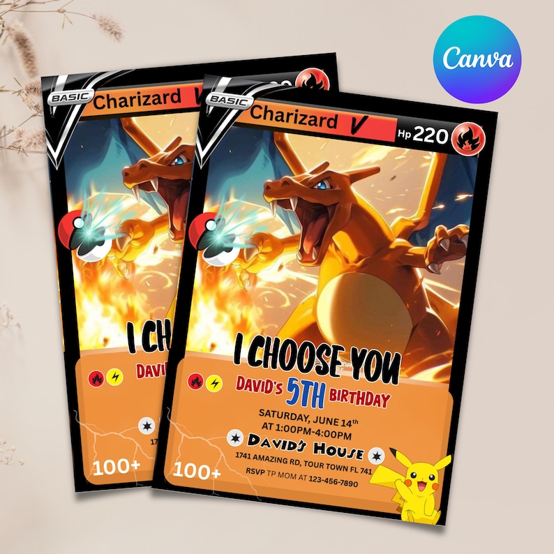 Pokemon Birthday Invitation, Pokemon Card Invitation, Pikachu Birthday ...