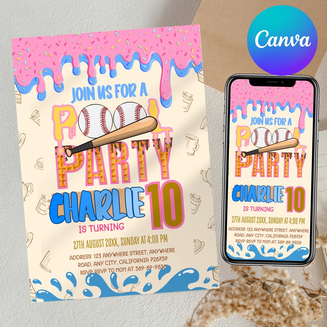 Baseball Drip Birthday Party Invitation, Birthday Invitation, Party ...