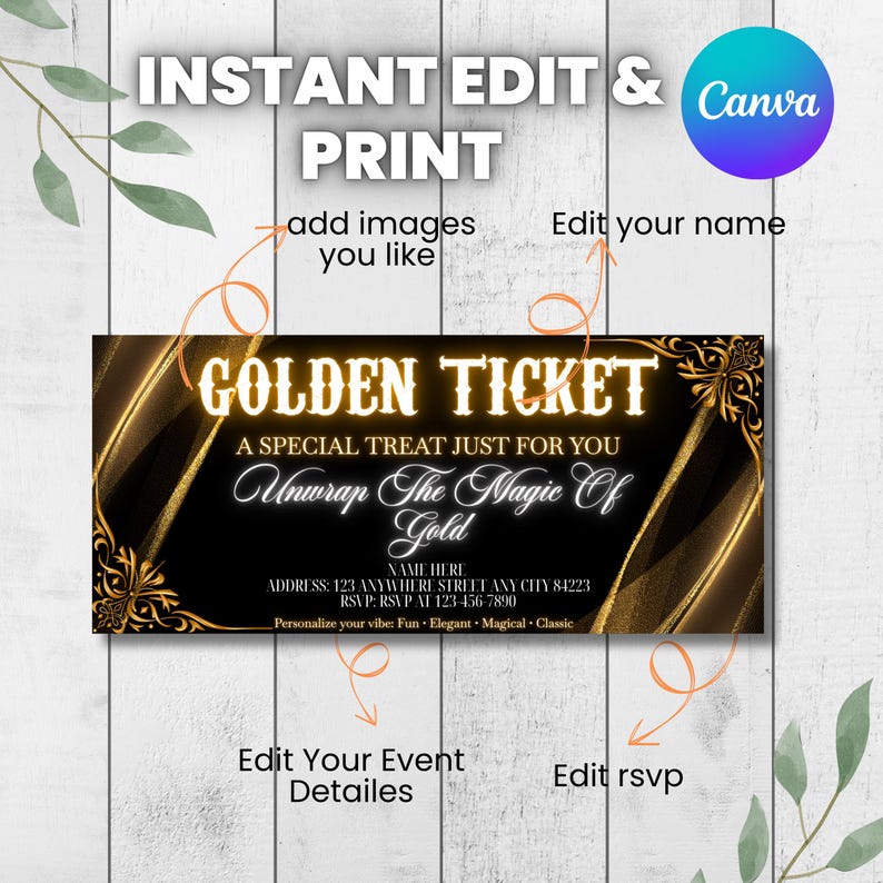 Golden Ticket Template, Printable Golden Ticket Template, Event Ticket ...