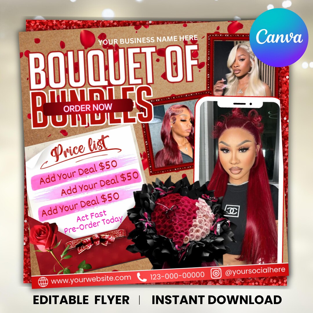 Bouquet of Bundles Price List Template, Hair Extension, Business Flyer ...