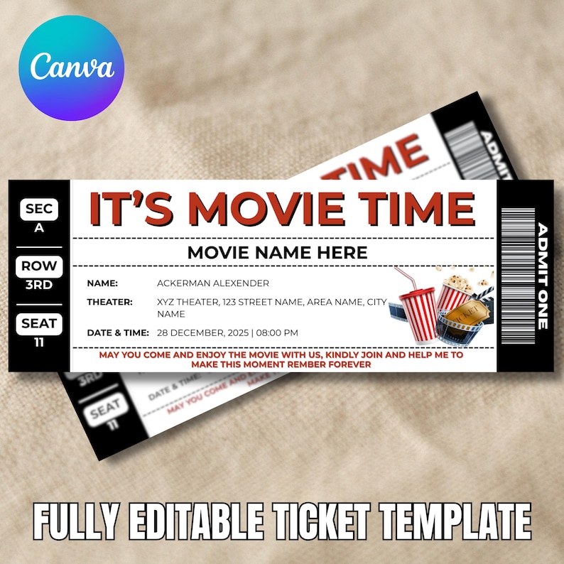 Movie Gift Ticket Template, Movie Ticket Birthday Party, Digital Cinema ...