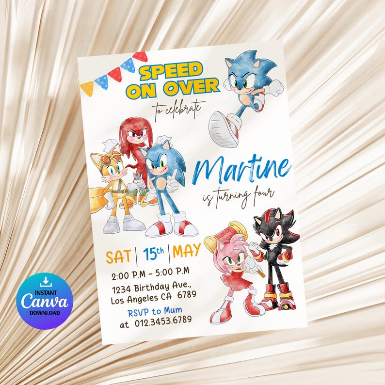 Editable Sonic Birthday Invitation, Watercolor Design (digital Download ...