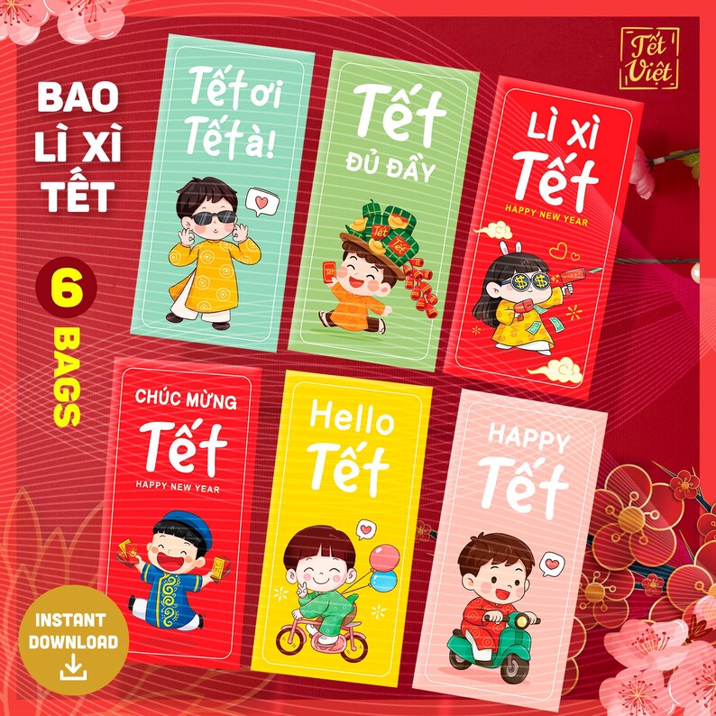 Chibi Red Envelopes, Vietnamese Tet, Lucky Money (digital Download) - Etsy