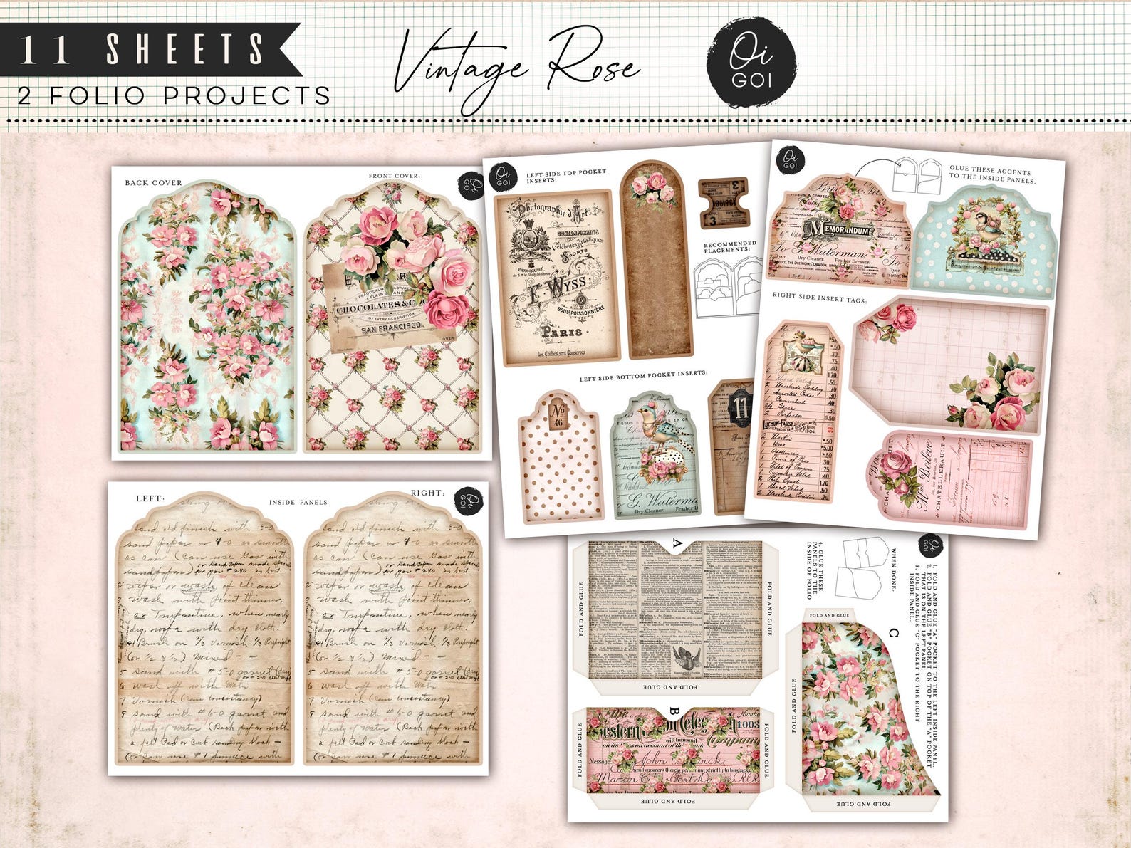 Vintage Rose Folio Project, Junk Journal Kit, Printable Pockets ...