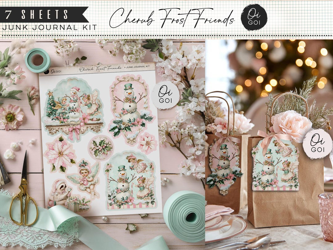 Cherubs and Snowmen Printable Christmas Labels, Junk Journal Kit, Angel ...