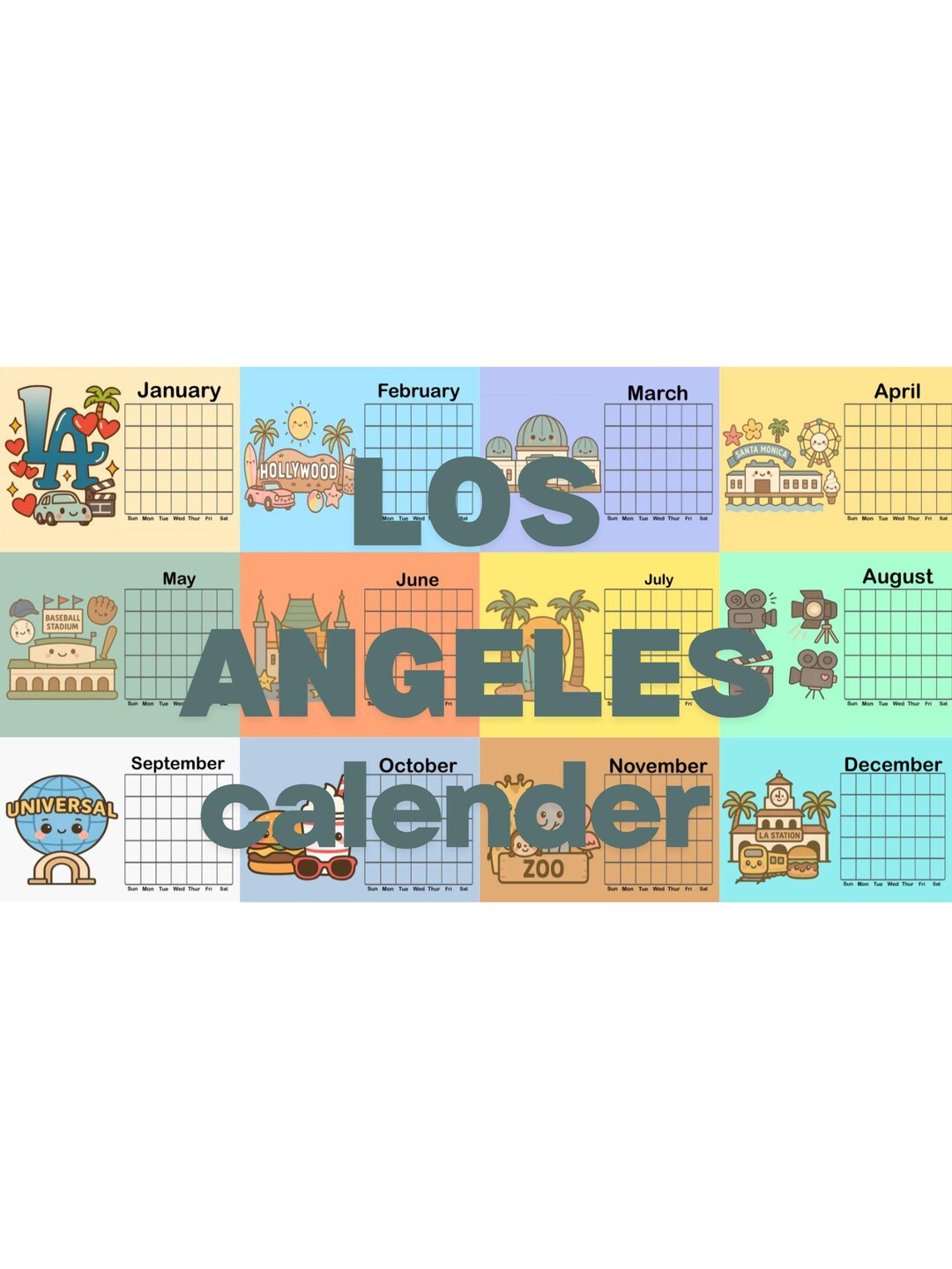 Kawaii Los Angeles Calendar • Cute LA Theme Printable • Pastel Kawaii ...