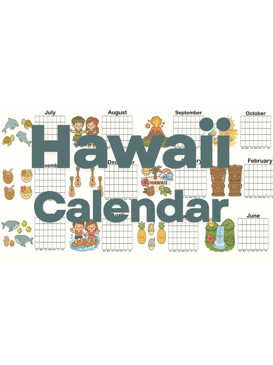 Kawaii Hawaii Calendar Digital Download, Cute Tropical Islands Wall ...