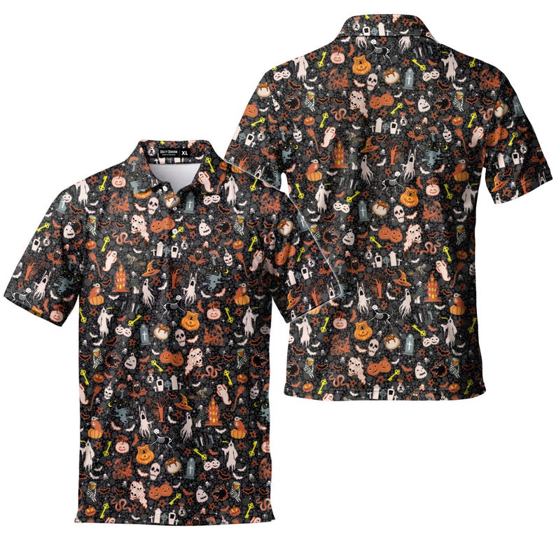 Halloween Polo Shirt Men Vintage Halloween Shirt Pumpkin Face Skeleton ...