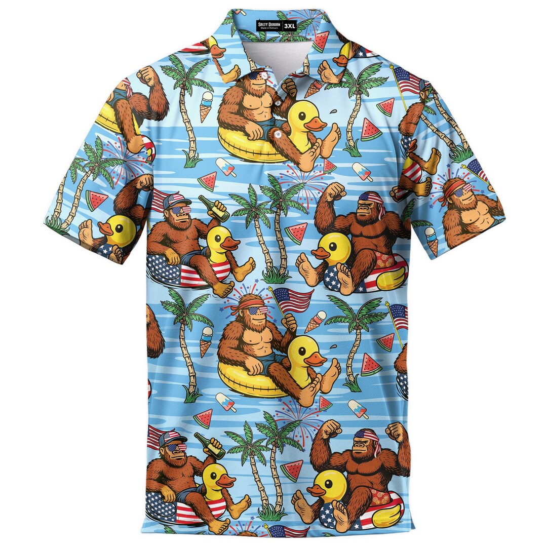Funny American Flag Bigfoot Float Duck Polo Shirts for Men 4th of July ...