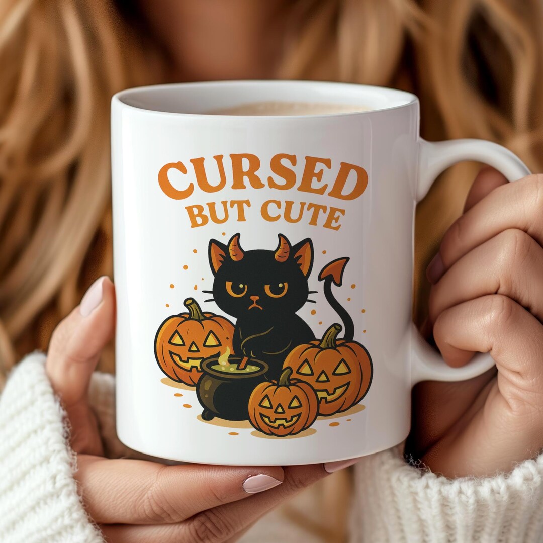 Cursed but Cute Mug - Devil Horns, Cauldrons, Pumpkins and Cats ...
