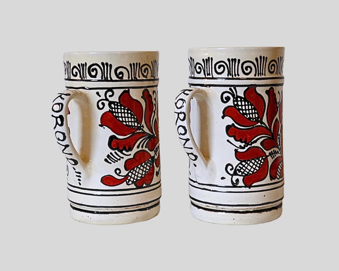 Pair of Hand Painted Traditional Ceramic Pottery Korond Romania in Red ...