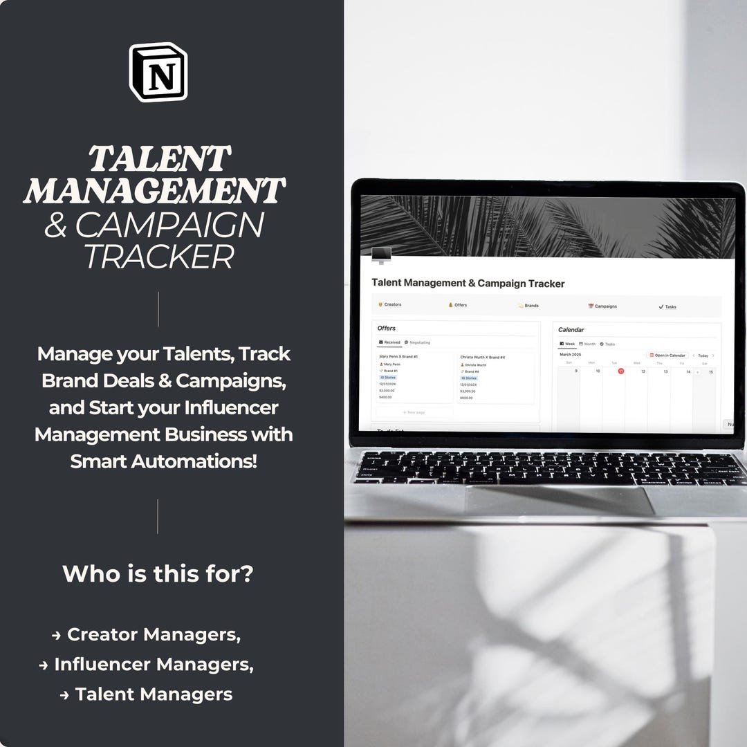 Talent Roster & Campaign Tracker | Notion Template, Creator Portfolio ...