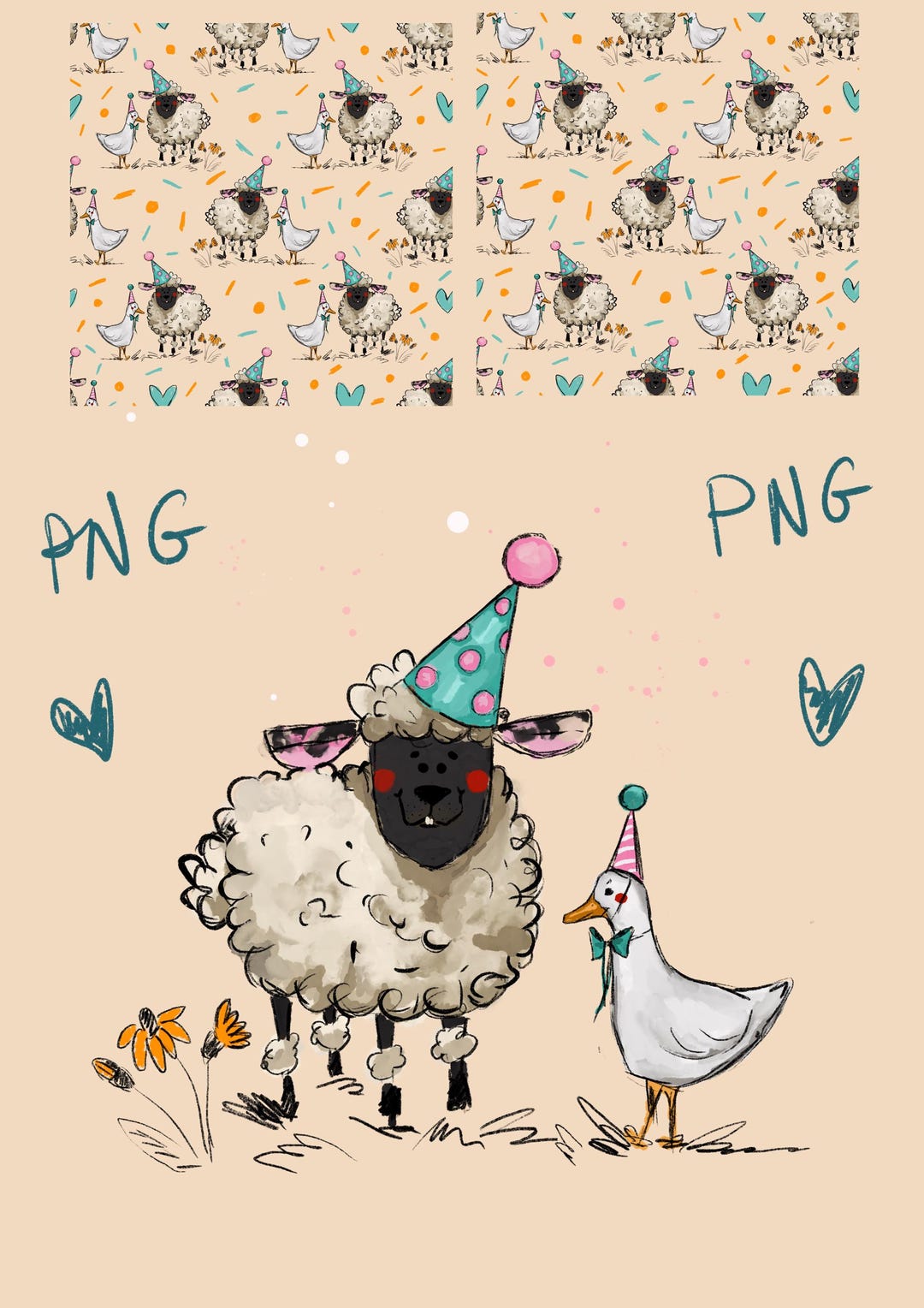 Cute Cartoon Sheep and Duck. Cute Sheep Illustration Digital Paper Pack ...