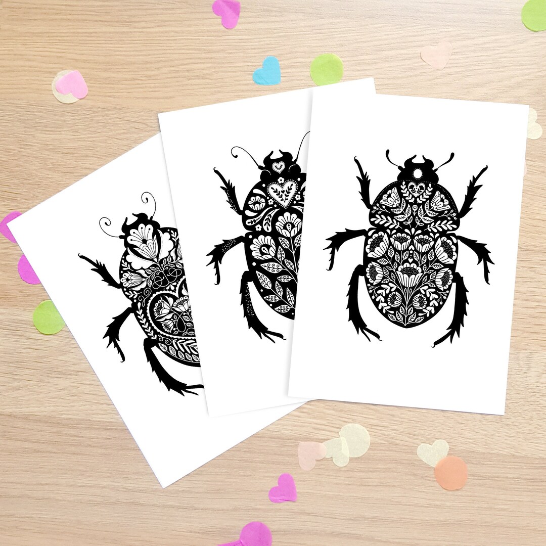 Set of Three Beetles Folk Art Style Illustrated Print || Gift for ...