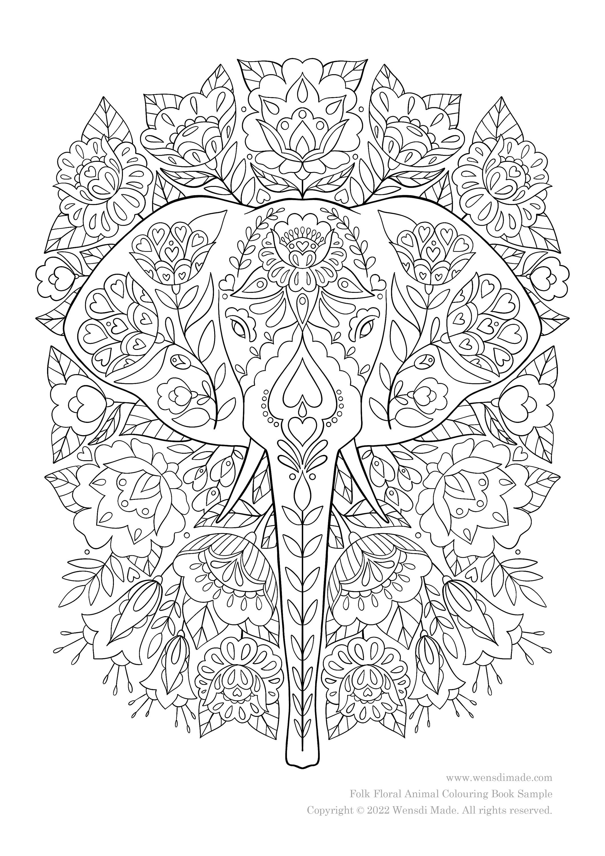 Folk Floral Animal Adult Colouring Book, Relaxing Activity for Animal ...
