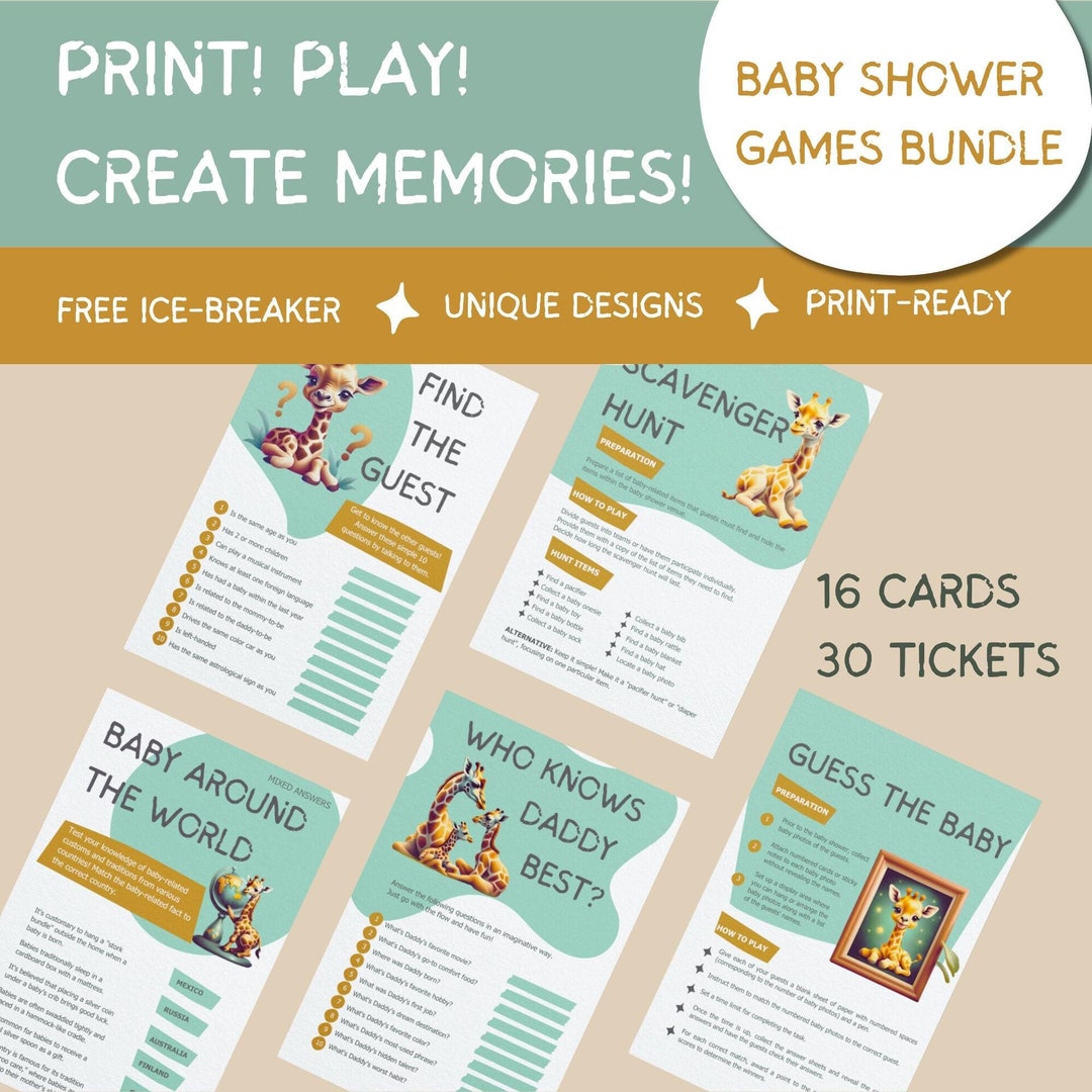 Baby Giraffe Baby Shower Games Bundle, Printable Baby Shower Cards ...