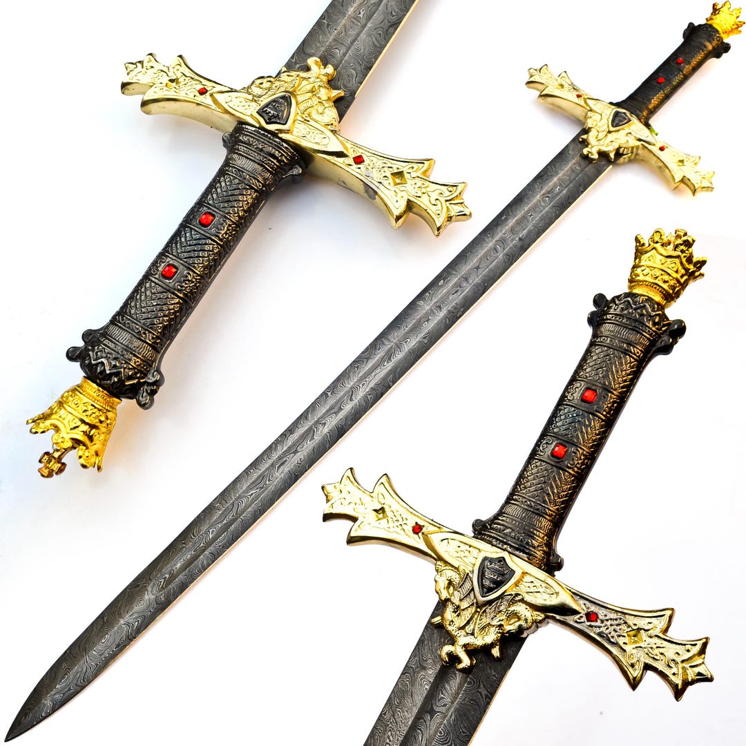 Handmade Damascus Steel Templar Knight Sword: Cow Leather Sheath - Etsy