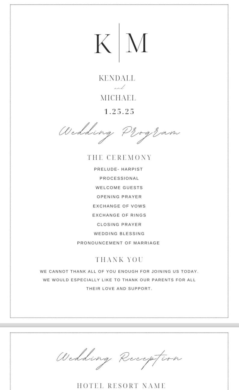 Minimalist Wedding Program Template, DIY, Instant Download, Editable, 2 ...